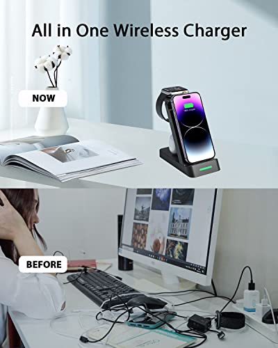 Charging Station for Multiple Devices Apple, 3 in 1 Fast Wireless Charger Dock Stand for iPhone 14 Pro Max/13/12/11/X/8 Plus, Apple Watch Series Ultra/8/7/6/SE/5/4/3/2 and Airpods with Adapter