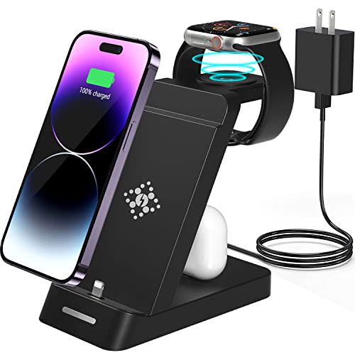 Charging Station for Multiple Devices Apple, 3 in 1 Fast Wireless Charger Dock Stand for iPhone 14 Pro Max/13/12/11/X/8 Plus, Apple Watch Series Ultra/8/7/6/SE/5/4/3/2 and Airpods with Adapter