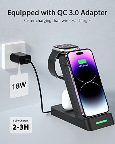 Charging Station for Multiple Devices Apple, 3 in 1 Fast Wireless Charger Dock Stand for iPhone 14 Pro Max/13/12/11/X/8 Plus, Apple Watch Series Ultra/8/7/6/SE/5/4/3/2 and Airpods with Adapter