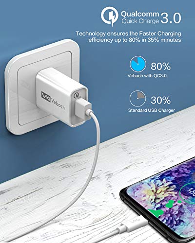 Vebach USB Wall Charger Single Port, UL Certified Quick Charge 3.0 18W AC Power Charging Adapter Plug Compatible with Galaxy S10/S9/S8/Note 8/7, LG G6/G4/V30, HTC 10, Nexus 9, iPhone, iPad and More