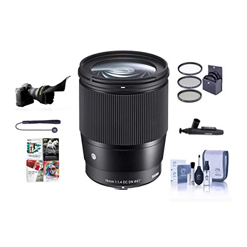 Sigma 16mm f/1.4 DC DN Contemporary Lens for Sony E, Bundle with ProOptic 67mm Filter Kit, Cleaning Kit, Lens Cap Tether, Flex Lens Shade, PC Software Kit, Lens Cleaner