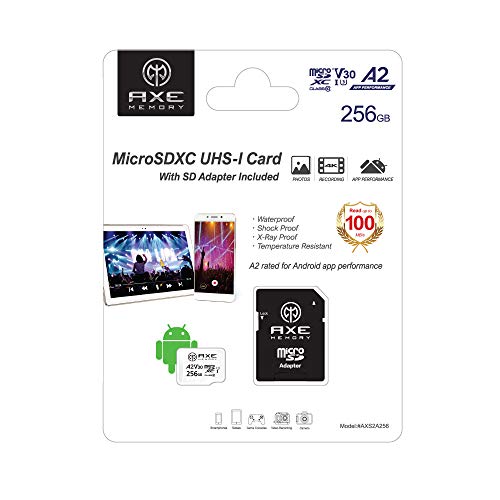 AXE MEMORY 256GB microSDXC Memory Card + SD Adapter with A2 App Performance, V30 UHS-I U3 4K