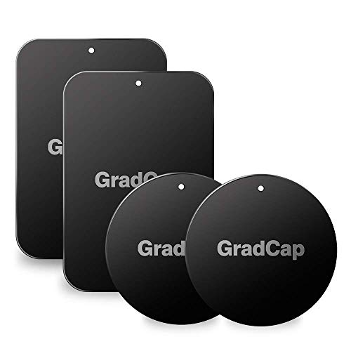 GradCap Metal Plate for Magnetic Mount Universal Replacement Plate Metal Disc with Strong Adhesive for Car Mounts 2 Rectangle and 2 Round (All Black/with Logo)