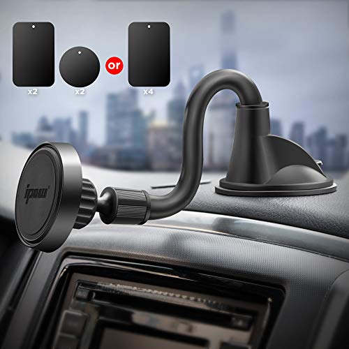 IPOW Long Arm Universal Magnetic Cradle Windshield Dashboard Cell Phone Mount Holder with 4 Metal Plates, Soft Firm Goose Arm & Enhanced Suction Cup