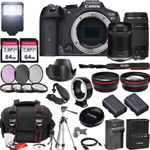 canon eos r7 mirrorless camera w/rf-s 18-150mm f/3.5-6.3 is stm lens + ef 75-300mm f/4-5.6 iii lens + 2x 64gb memory + hood + case + filters + tripod & more (35pc bundle)