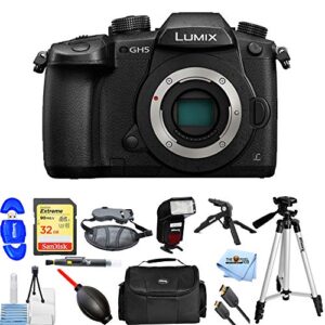 panasonic lumix dc-gh5 mirrorless micro four thirds digital camera – 12pc accessory bundle with 32gb sd, flash, gadget bag, tripods and much more (body only) [international version]