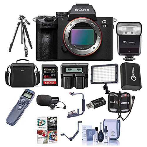 Sony Alpha a7 III 24MP UHD 4K Mirrorless Digital Camera Body - Bundle 64GB SDHC U3 Card, Camera Case, Spare Battery, Tripod, Video Light, Flash, Remote Shutter Release, Software Package, and More