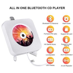 Portable CD Player with Bluetooth, Qoosea Wall Mountable CD Players Music Player Home Audio Boombox with Remote Control FM Radio Built-in HiFi Speakers LCD Display MP3 Headphone Jack AUX Input Output