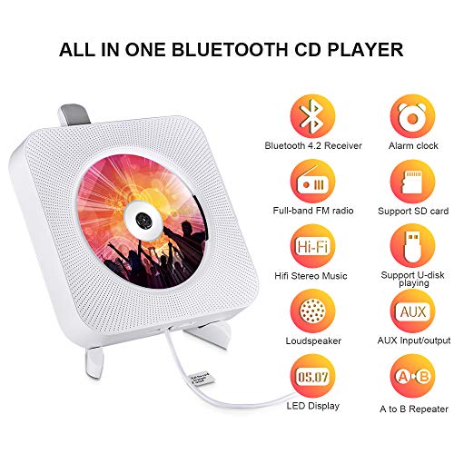 Portable CD Player with Bluetooth, Qoosea Wall Mountable CD Players Music Player Home Audio Boombox with Remote Control FM Radio Built-in HiFi Speakers LCD Display MP3 Headphone Jack AUX Input Output