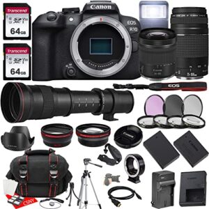 canon eos r10 mirrorless camera w/rf 24-105mm f/4-7.1 is stm lens + ef 75-300mm f/4-5.6 iii lens + 420-800mm f/8.3 hd telephoto lens + 2x 64gb memory, hood, case, filters, tripod & more (35pc bundle)