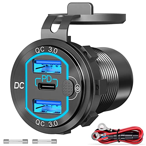 12V USB Outlet Qidoe Aluminum Dual 18W QC3.0 USB Outlet Port 20W PD USB C Car Charger Socket with Power Switch Waterproof Multiple Car USB Port Adapter for Boat Marine Truck Golf RV