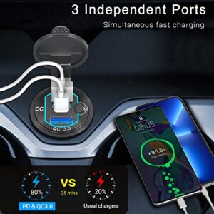 12V USB Outlet Qidoe Aluminum Dual 18W QC3.0 USB Outlet Port 20W PD USB C Car Charger Socket with Power Switch Waterproof Multiple Car USB Port Adapter for Boat Marine Truck Golf RV