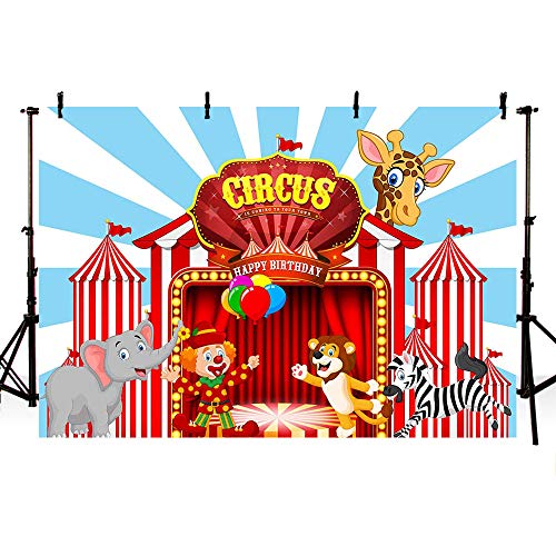 MEHOFOND Circus Birthday Photo Studio Booth Background Red Stripes Animals Circus Carnival Kids Happy Birthday Party Decorations Backdrops Banner for Photography 7x5ft