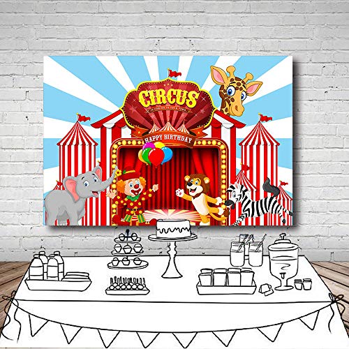 MEHOFOND Circus Birthday Photo Studio Booth Background Red Stripes Animals Circus Carnival Kids Happy Birthday Party Decorations Backdrops Banner for Photography 7x5ft