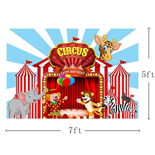 MEHOFOND Circus Birthday Photo Studio Booth Background Red Stripes Animals Circus Carnival Kids Happy Birthday Party Decorations Backdrops Banner for Photography 7x5ft