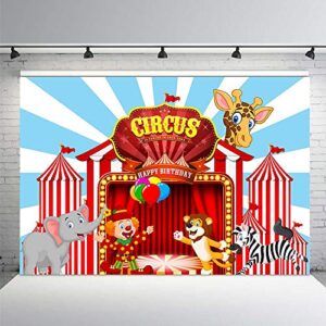 MEHOFOND Circus Birthday Photo Studio Booth Background Red Stripes Animals Circus Carnival Kids Happy Birthday Party Decorations Backdrops Banner for Photography 7x5ft