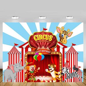 MEHOFOND Circus Birthday Photo Studio Booth Background Red Stripes Animals Circus Carnival Kids Happy Birthday Party Decorations Backdrops Banner for Photography 7x5ft