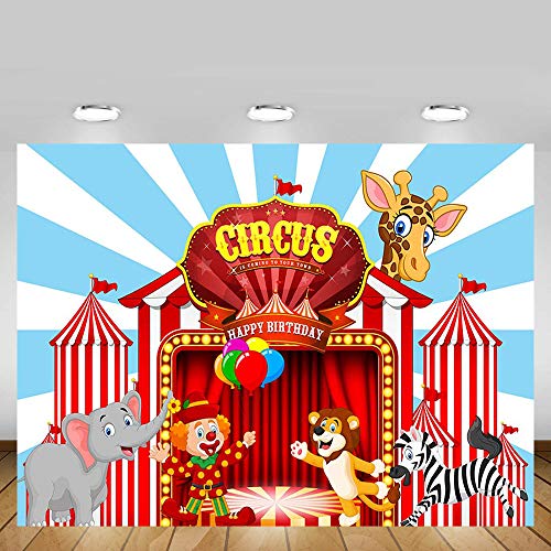 MEHOFOND Circus Birthday Photo Studio Booth Background Red Stripes Animals Circus Carnival Kids Happy Birthday Party Decorations Backdrops Banner for Photography 7x5ft