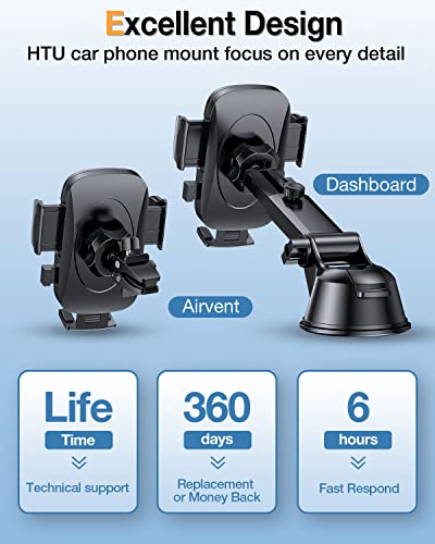 HTU Cell Phone Holder for Car [Upgraded Super Suction & Stable] Handsfree Car Phone Holder Mount Dashboard Windshield Air Vent Car Mount for iPhone 14 13 12 Pro Max Samsung Smartphones & Car Truck