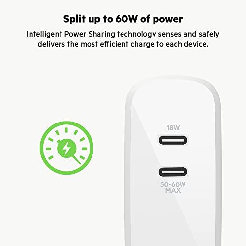 Belkin BoostCharge USB C 68W GaN Wall Charger w/ Dual Ports - iPhone Charger Fast Charging - Type C Charger - USB C Charger w/ PD for Apple iPhone, Samsung Galaxy, Airpods Pro, iPad Pro, Macbook Pro