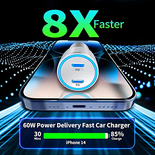 [Apple MFi Certified] iPhone Fast Car Charger, 60W Dual USB-C PD Rapid Car Charger, All-Metal Body Power Delivery Adapter with 2 Pack Type C to Lightning Quick Charging Cable for iPhone/iPad/Airpods