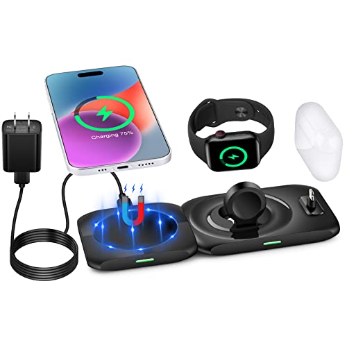 4 in 1 Magnetic Wireless Charger,Mag-Safe Charging Pad Compatible with iPhone 14 13 12 11/Pro/XS/XR/8,Samsung Galaxy,AirPods Pro, Apple Watch Fast Charger, Portable Charging Station(QC 3.0 Adapter)