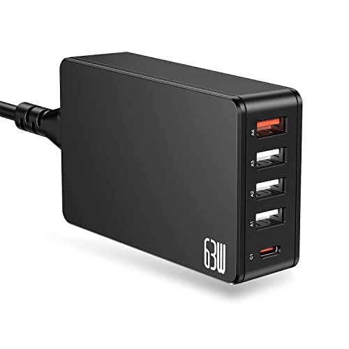 USB Charging Station, 63W PD3.0 & QC3.0 Fast Desktop USB C Charger Station with 5-Port Multi USB Charger Wall Charger Compatible with iPhone 13 Pro Max/12 Mini/MacBook Pro/iPad/AirPods/Galaxy1