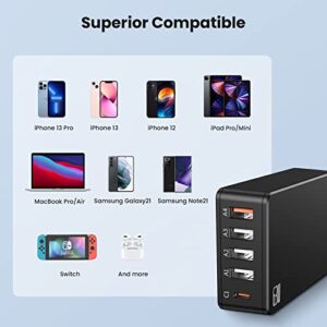 USB Charging Station, 63W PD3.0 & QC3.0 Fast Desktop USB C Charger Station with 5-Port Multi USB Charger Wall Charger Compatible with iPhone 13 Pro Max/12 Mini/MacBook Pro/iPad/AirPods/Galaxy1