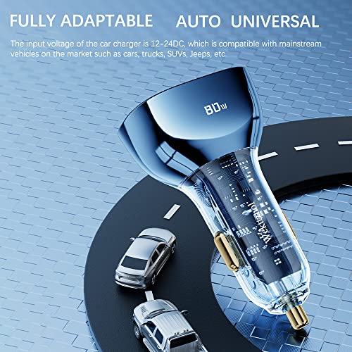 80W Car Charger, 3-Port Super Fast Car Charger USB Adapter Fast Charging, PD3.0 &QC3.0 Type C Car Charger Cigarette Lighter USB Charger for iPhone 14/13/12 Pro Max/Pro/Samsung Galaxy 22/Google Pixel