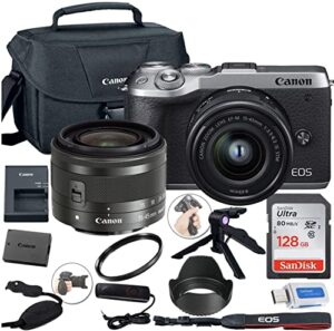 canon eos m6 mark ii mirrorless digital camera (silver) with 15-45mm lens + shoulder bag + 128gb sandisk memory card + grip steady tripod + lens tulip hood & more.