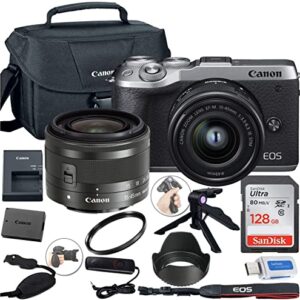 Canon EOS M6 Mark II Mirrorless Digital Camera (Silver) with 15-45mm Lens + Shoulder Bag + 128GB Sandisk Memory Card + Grip Steady Tripod + Lens Tulip Hood & More.