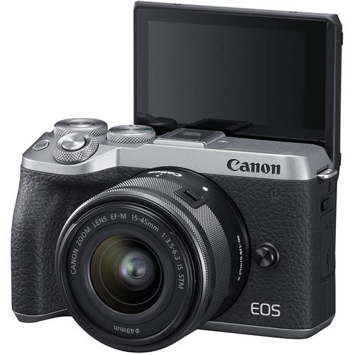 Canon EOS M6 Mark II Mirrorless Digital Camera (Silver) with 15-45mm Lens + Shoulder Bag + 128GB Sandisk Memory Card + Grip Steady Tripod + Lens Tulip Hood & More.