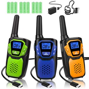 walkie talkies 3 pack, rechargeable easy to use family walky talky long range 2 way radio gift with noaa weather channel micro-usb charger/battery/lanyard hiking camping trip