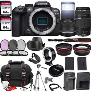 canon eos r10 mirrorless camera w/rf-s 18-45mm f/4.5-6.3 is stm lens + ef 75-300mm f/4-5.6 iii lens + 2x 64gb memory + hood + case + filters + tripod & more (35pc bundle)