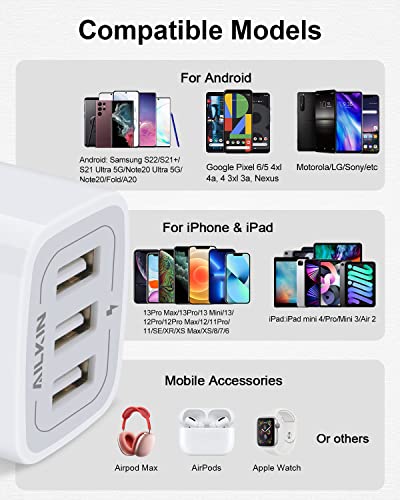 USB Charger Cube, Wall Charger Plug, AILKIN 3.1A 3-Muti Port USB Adapter Power Plug Charging Station Box Base for iPhone 14 13 12 Pro Max Mini SE 11 Pro Max/X/8/7/6S, Samsung Phones USB Charging Block