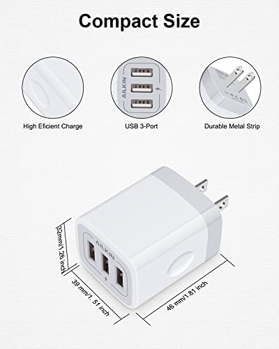 USB Charger Cube, Wall Charger Plug, AILKIN 3.1A 3-Muti Port USB Adapter Power Plug Charging Station Box Base for iPhone 14 13 12 Pro Max Mini SE 11 Pro Max/X/8/7/6S, Samsung Phones USB Charging Block