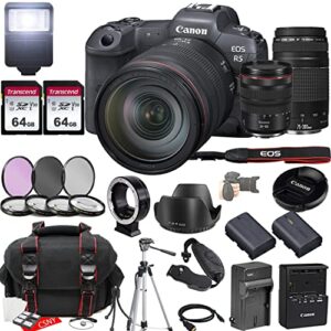 canon eos r5 mirrorless camera w/rf 24-105mm f/4 l is usm lens + ef 75-300mm f/4-5.6 iii lens + 2x 64gb memory + hood + case + filters + tripod + more (35pc bundle)