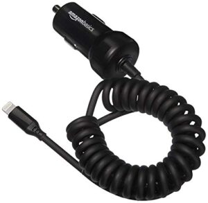 amazon basics 12w (5v, 2.4a) car charger with lightning cable (coiled) for iphone and apple devices, 1.5 ft – black