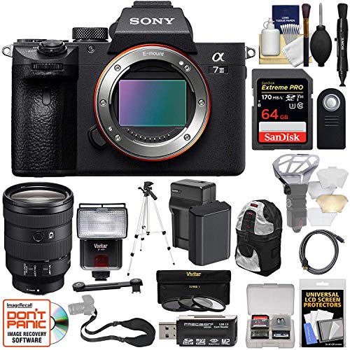 Sony Alpha A7 III 4K Digital Camera Body & FE 24-105mm f/4 Lens + 64GB Card + Battery + Backpack + 3 Filters + Flash + Tripod + Kit