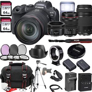 canon eos r6 mirrorless camera w/rf 24-105mm f/4 l is usm lens + 75-300mm f/4-5.6 iii lens + ef 50mm f/1.8 stm lens + 2x 64gb memory + hood + case + filters + tripod + more (35pc bundle)