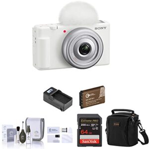 sony zv-1f vlogging camera, white bundle with 64gb sd card, shoulder bag, extra battery, charger, screen protector, cleaning kit