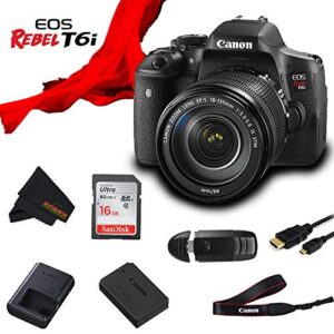 canon t6i eos rebel dslr camera with ef-s 18-135mm f/3.5-5.6 is stm lens + 16 gb sunshine basic bundle