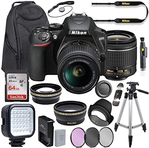 Nikon D3500 DSLR Camera Video Kit with AF-P 18-55mm VR Lens + LED Light + Deluxe Backpack + 64GB Memory + Professional Photo Accessories (19 Items) (Renewed)