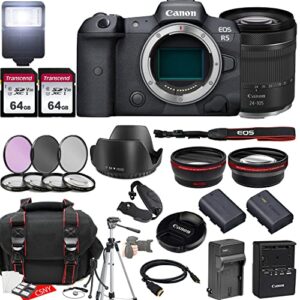 canon eos r5 mirrorless camera w/rf 24-105mm f/4-7.1 is stm lens + 2x 64gb memory + hood + case + filters + tripod & more (35pc bundle)