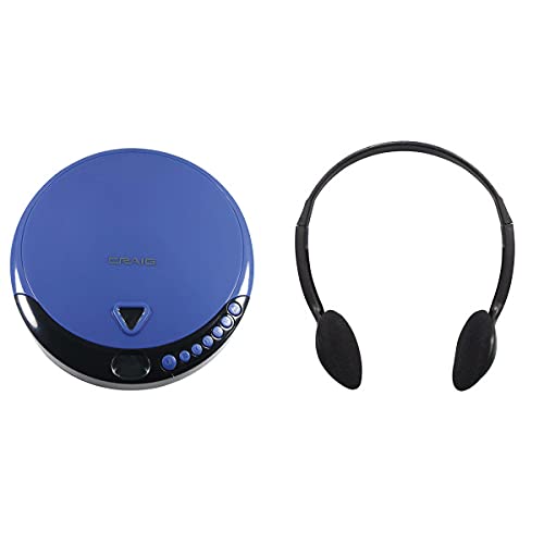 Craig CD2808-BL Personal CD Player with Headphones in Blue and Black | Portable and Programmable CD Player | CD/CD-R Compatible | Random and Repeat Playback Modes |