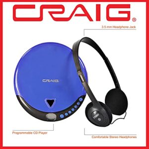 Craig CD2808-BL Personal CD Player with Headphones in Blue and Black | Portable and Programmable CD Player | CD/CD-R Compatible | Random and Repeat Playback Modes |