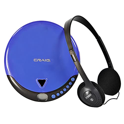 Craig CD2808-BL Personal CD Player with Headphones in Blue and Black | Portable and Programmable CD Player | CD/CD-R Compatible | Random and Repeat Playback Modes |