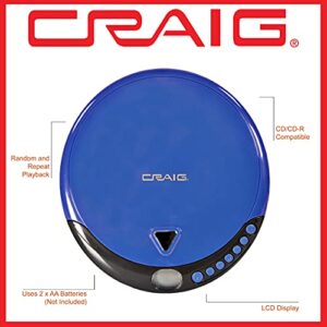 Craig CD2808-BL Personal CD Player with Headphones in Blue and Black | Portable and Programmable CD Player | CD/CD-R Compatible | Random and Repeat Playback Modes |