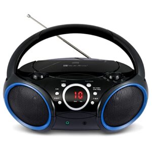 singing wood 030c portable cd player boombox with am fm stereo radio, aux line in, headphone jack, supported ac or battery powered (black with a touch of blue rims)