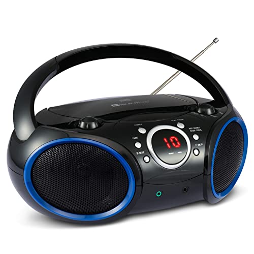 SINGING WOOD 030C Portable CD Player Boombox with AM FM Stereo Radio, Aux Line in, Headphone Jack, Supported AC or Battery Powered (Black with a Touch of Blue Rims)